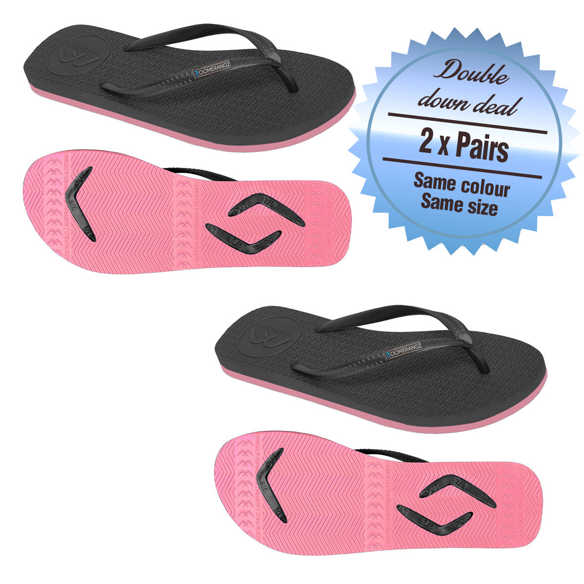 2 x Pairs - Slim Black/Pink Thongs – Boomerangz Footwear